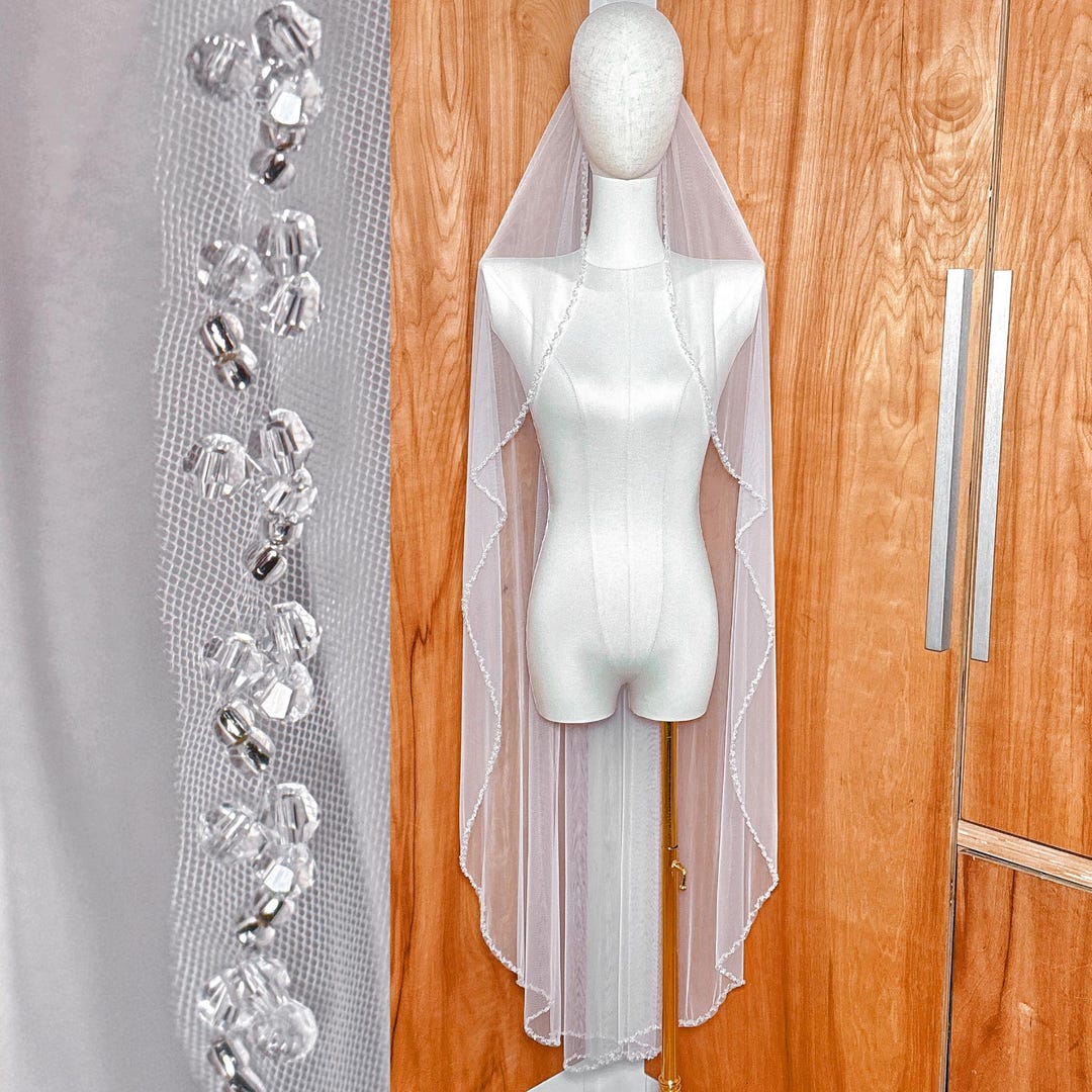 Crystal Beaded Veil, Cascade Bridal Veil, Veil With Beaded Edge, Waltz ...