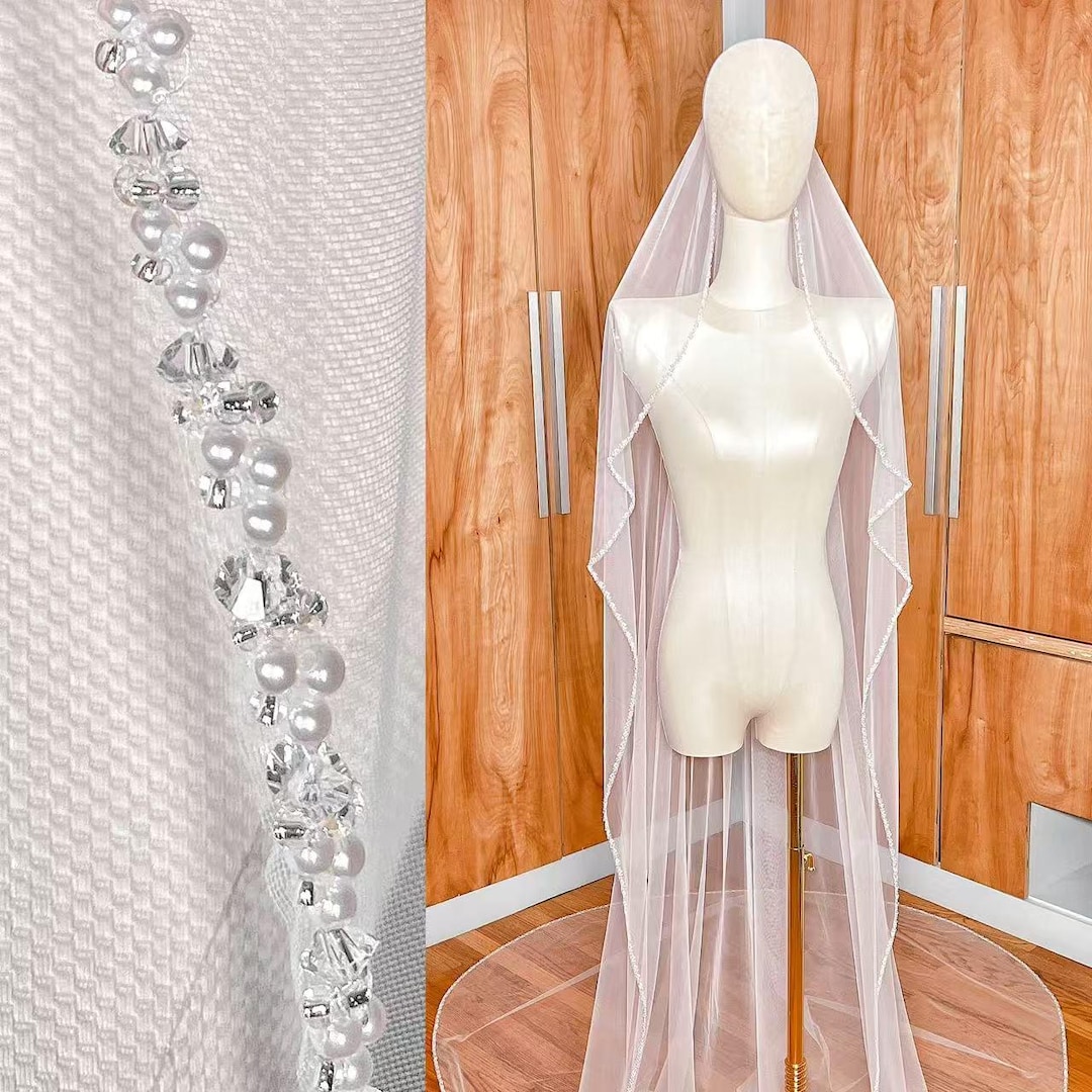 Cascading Veil, Beaded Veil Cathedral, Fingertip Veil, Bridal Veil ...