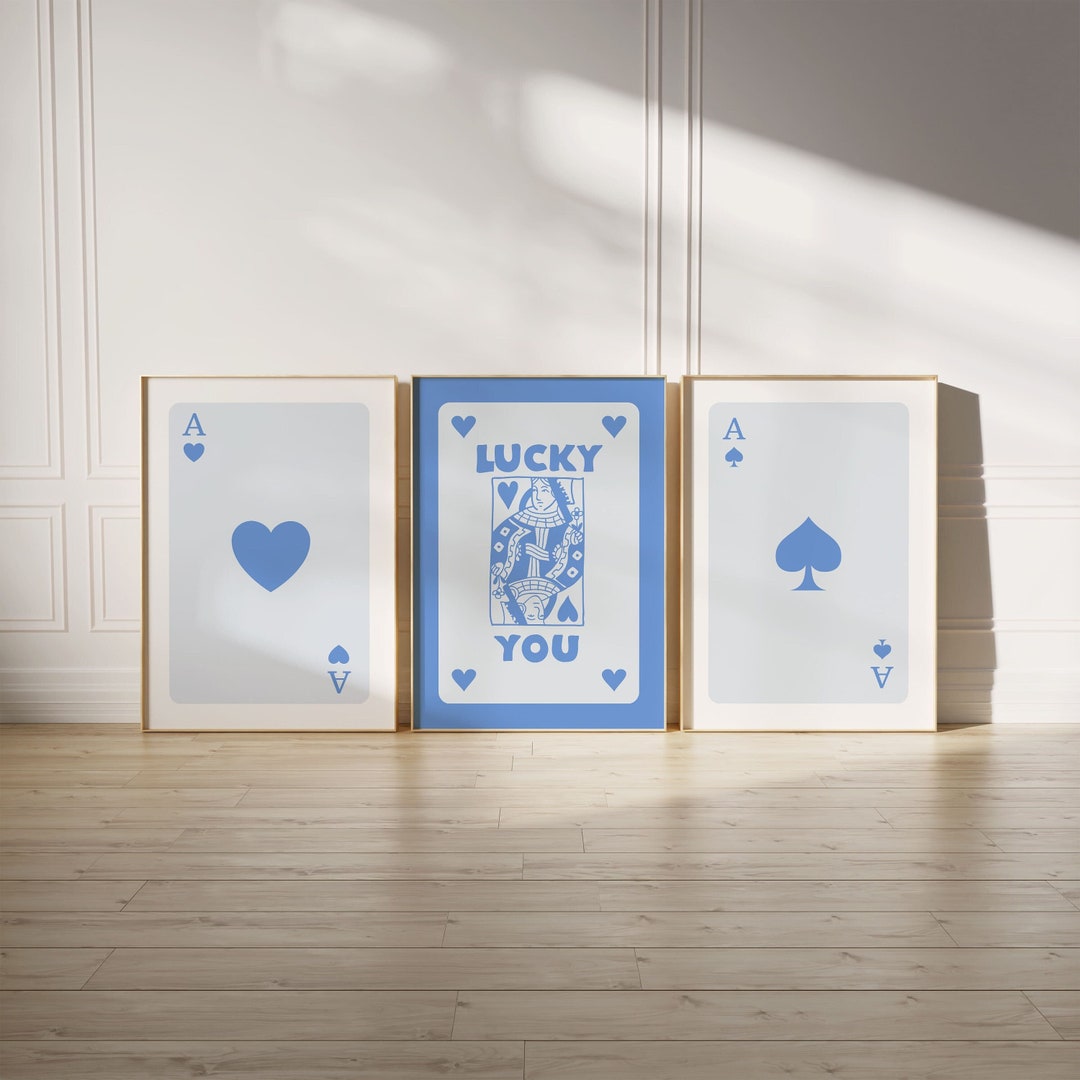 Light Blue Lucky You Print Set of 3, Trendy Retro Wall Art Set, Light ...