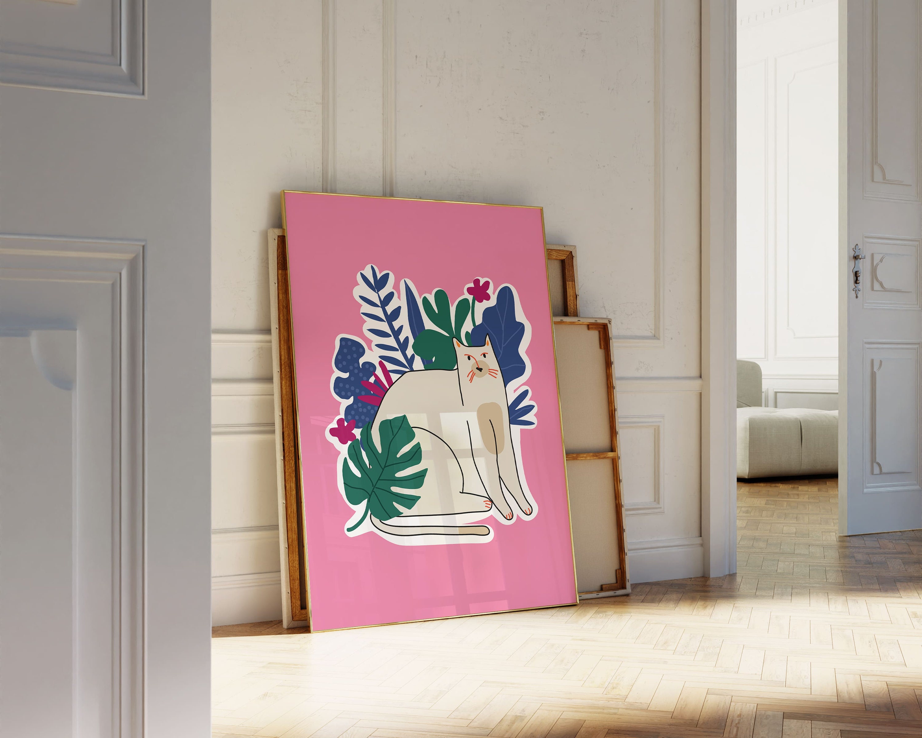 Cat Print, Pink Cat Print, Cat Printable Wall Art, Cat Sketch Art Print ...