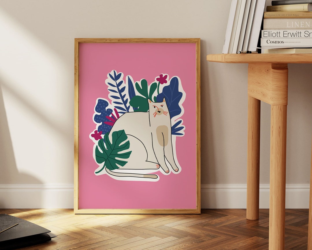 Cat Print, Pink Cat Print, Cat Printable Wall Art, Cat Sketch Art Print ...