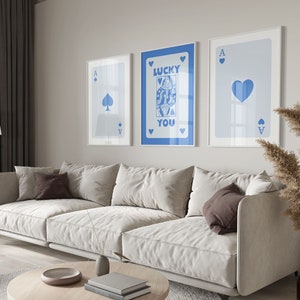 Light Blue Lucky You Print Set of 3, Trendy Retro Wall Art Set, Light ...