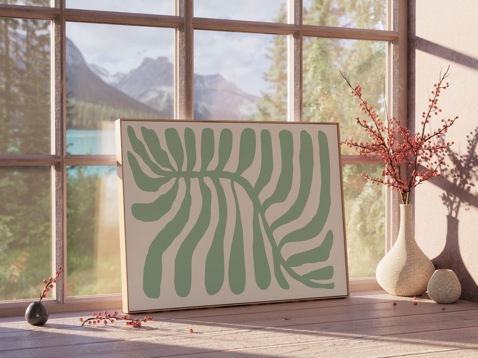 Horizontal Abstract Wall Art, Green Minimalist Abstract Print, Boho ...
