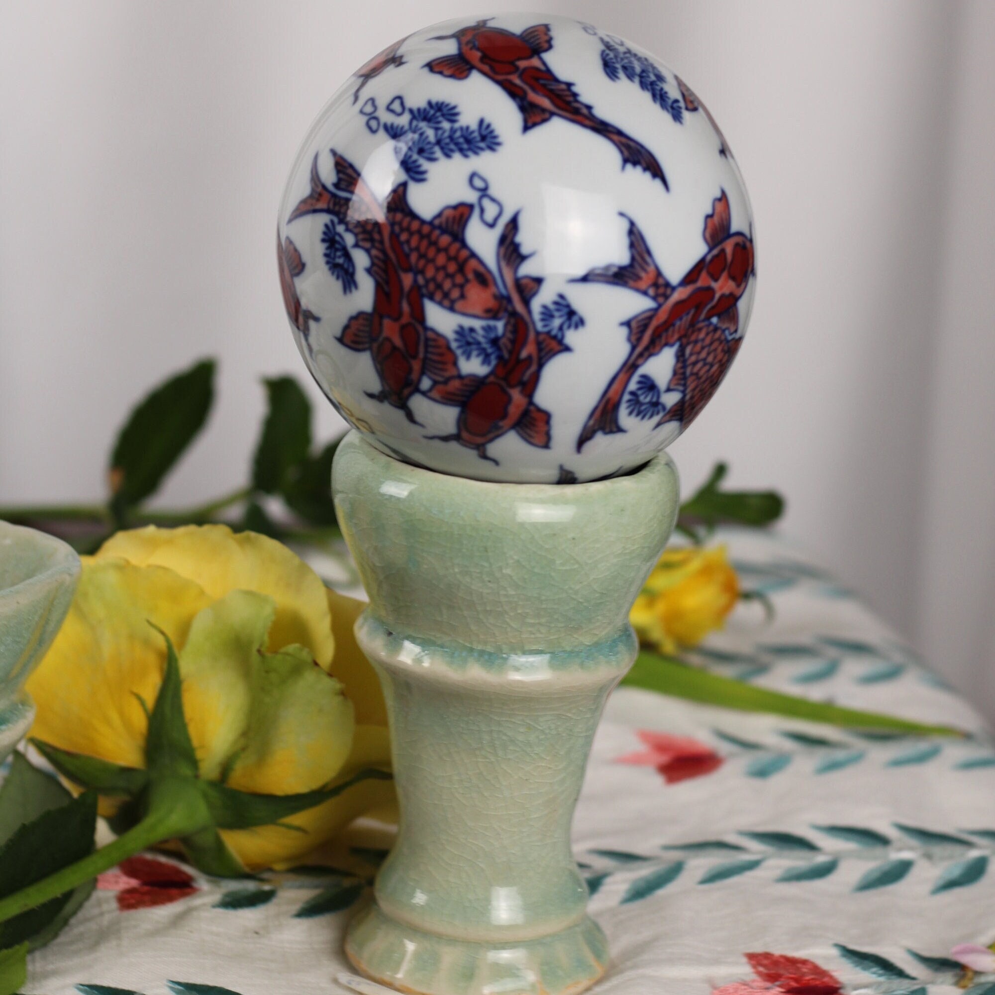 Creative Upcycle Art Vintage Koi Chinoiserie Ceramic Glass Ball Orb ...