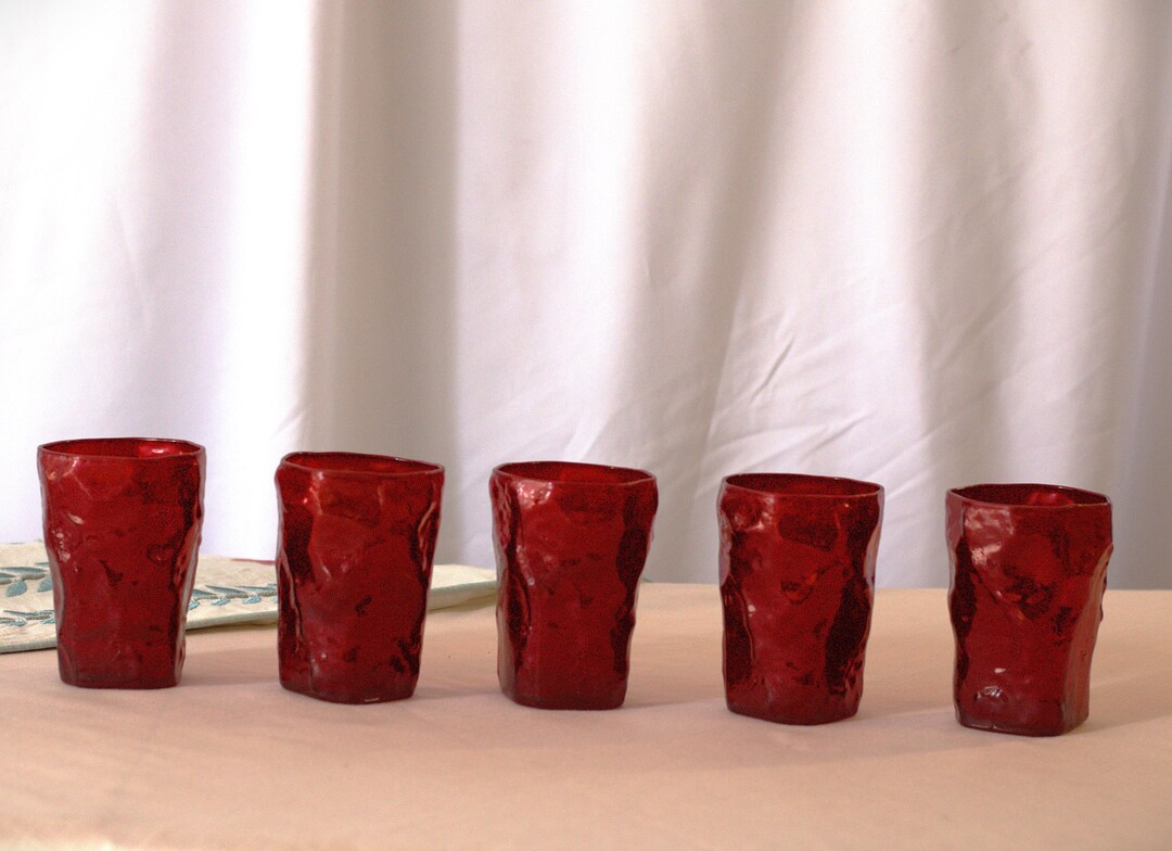 Vintage Juice Glasses 70s Morgantown Ruby Red Crinkle Glass Tumblers 5 ...