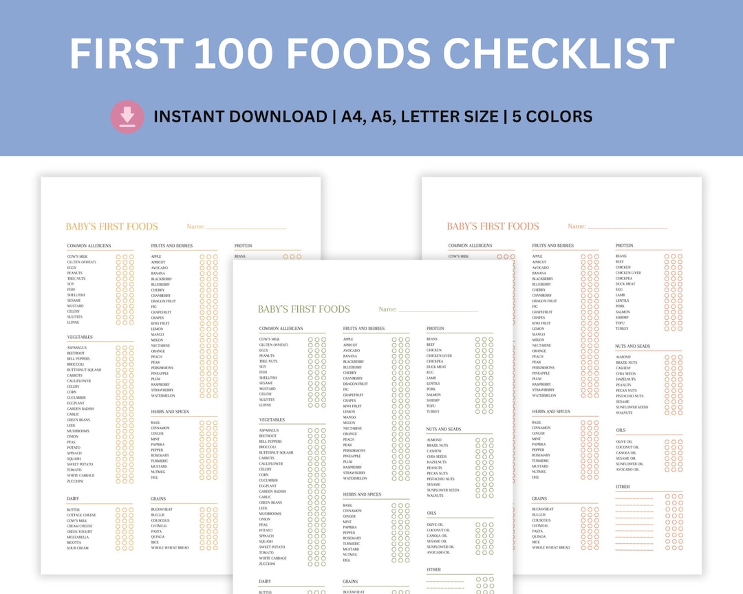 Baby's First Foods Checklist, 100 First Foods, Baby-led Weaning, Puree ...