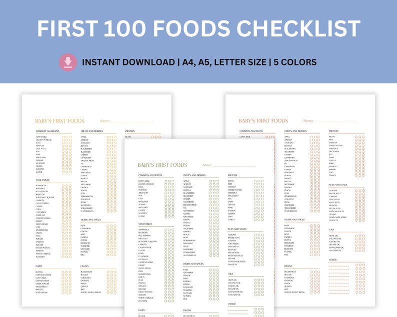 Baby's First Foods Checklist, 100 First Foods, Baby-led Weaning, Puree ...