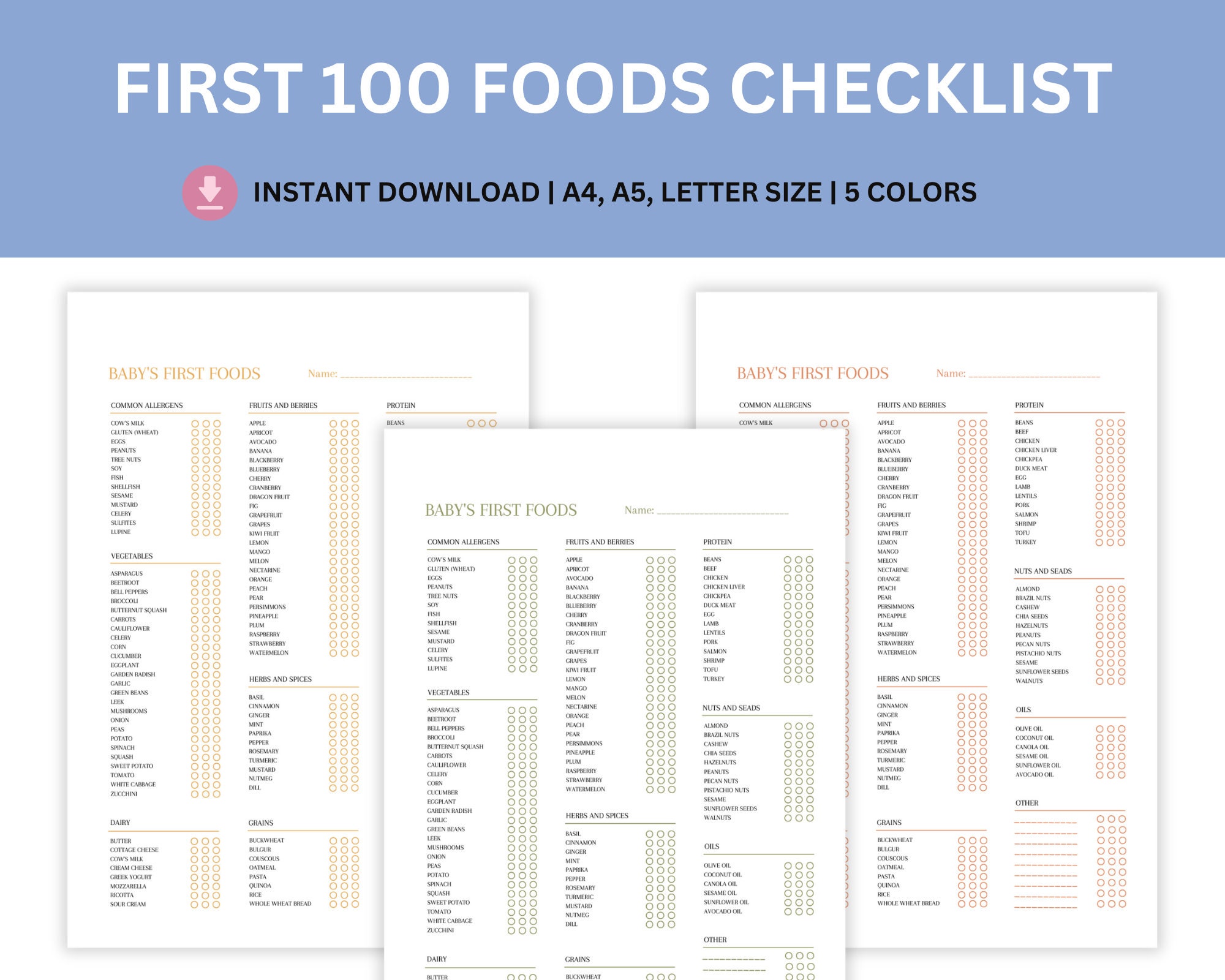 Baby's First 100 Foods Checklist, Weaning Tracker, List to Track Solids ...