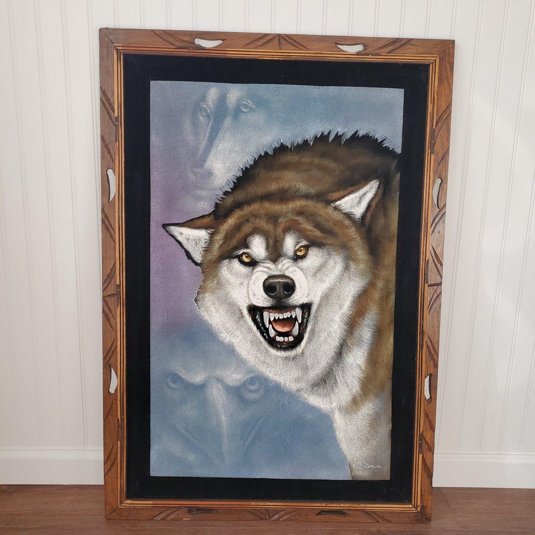 Vintage Wolf & Eagle Velvet Painting Signed David Ortiz Mexico Framed ...