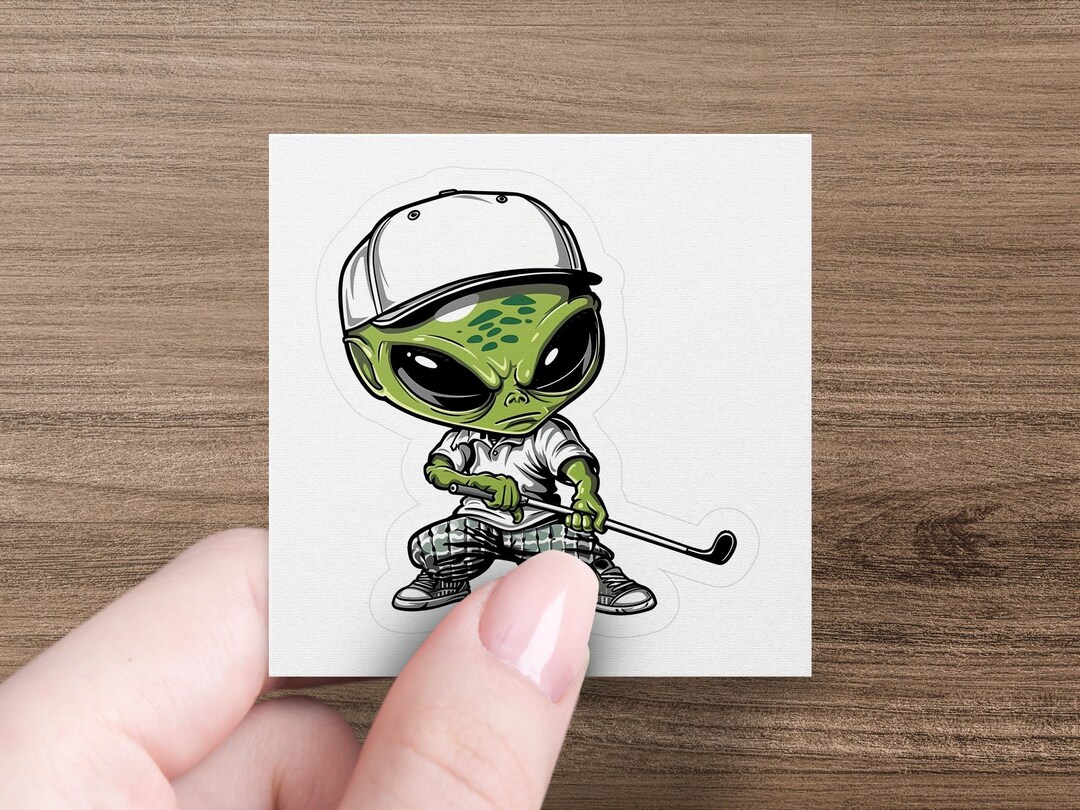 Cool Alien Golfer Sticker, Cartoon Extraterrestrial Golfer Vinyl Decal ...