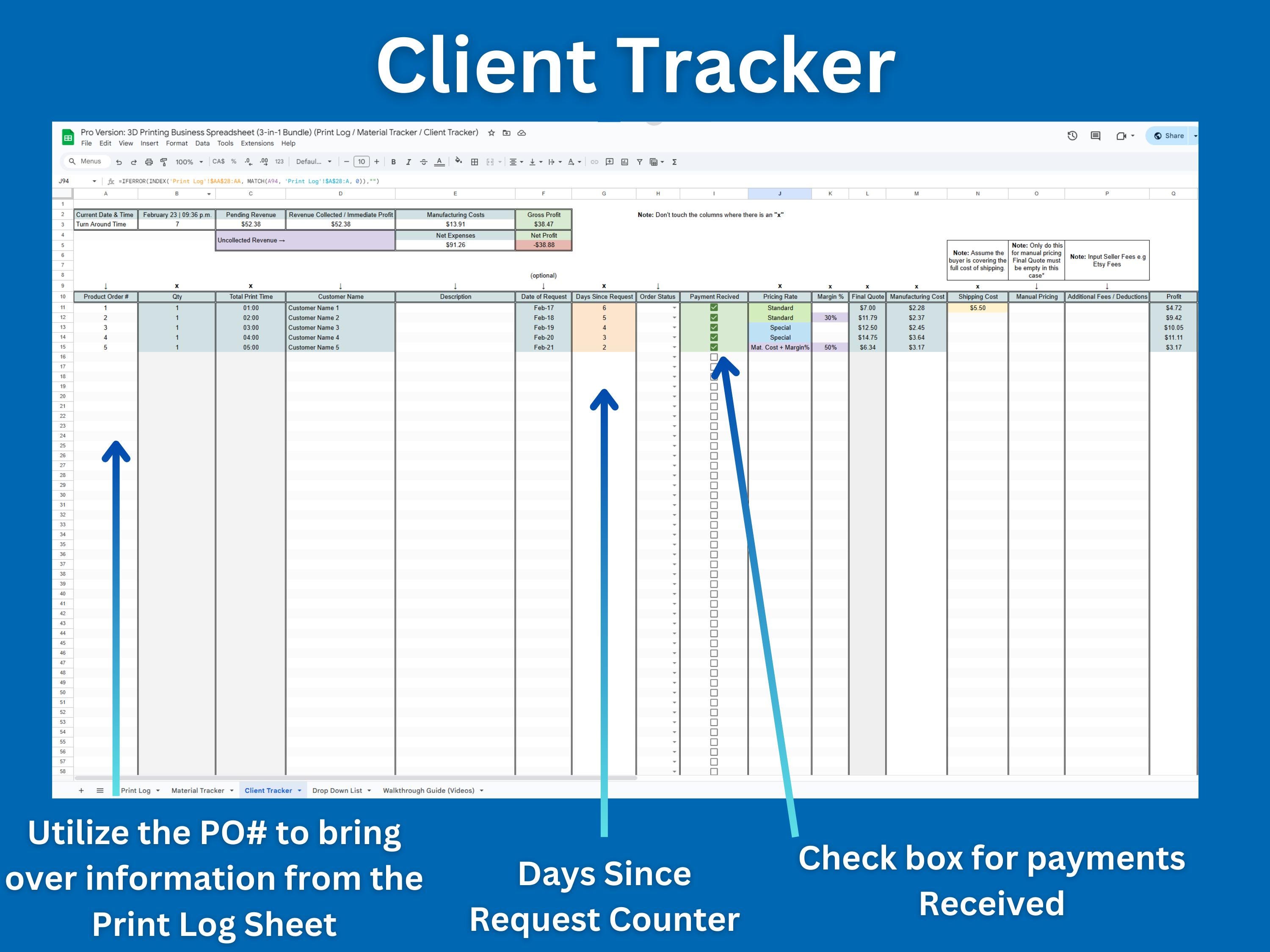 Pro Version: 3D Printing Business Spreadsheet (3-in-1 Bundle) (print Log / Material Tracker ...