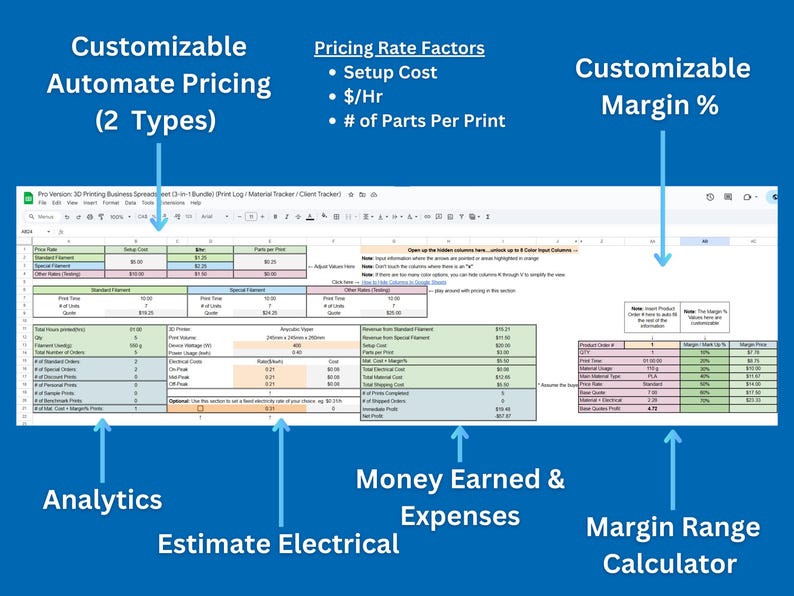 Pro Version: 3D Printing Business Spreadsheet (3-in-1 Bundle) (print Log / Material Tracker ...
