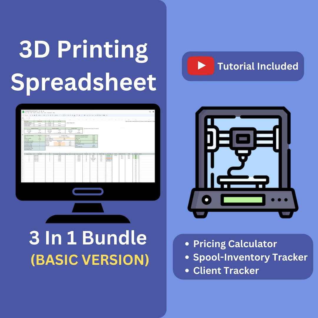 Basic Version: 3D Printing Business Spreadsheet (3-in-1 Bundle) (print ...