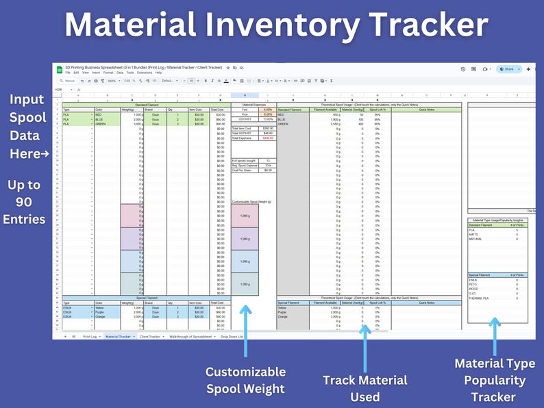 Basic Version: 3D Printing Business Spreadsheet (3-in-1 Bundle) (print Log / Material Tracker ...