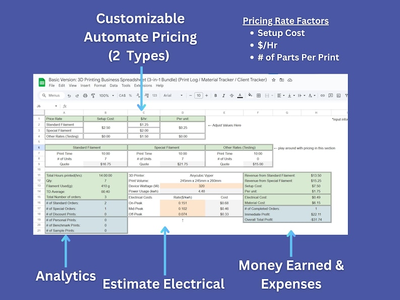 Basic Version: 3D Printing Business Spreadsheet (3-in-1 Bundle) (print ...