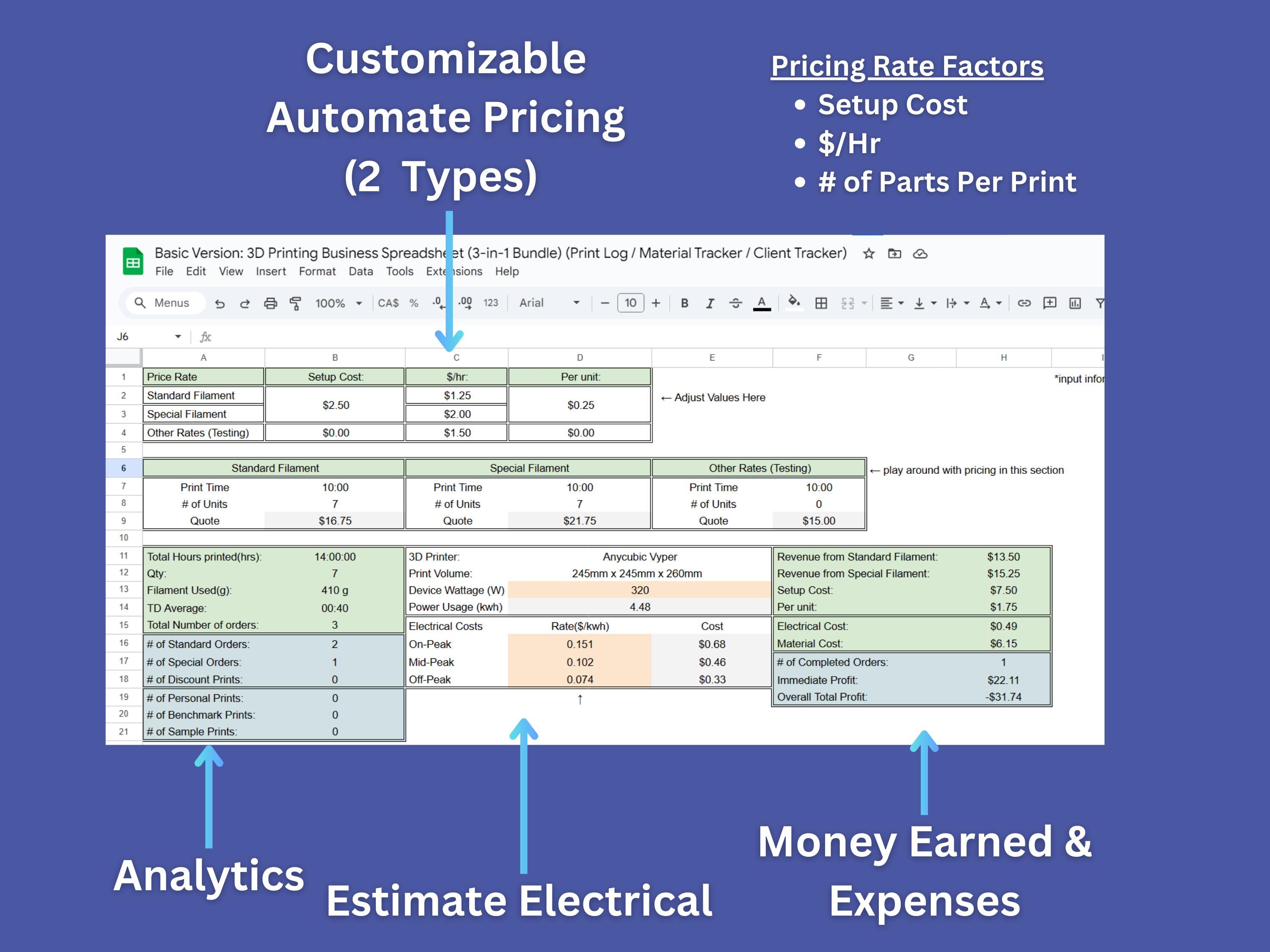 Basic Version: 3D Printing Business Spreadsheet (3-in-1 Bundle) (print Log / Material Tracker ...
