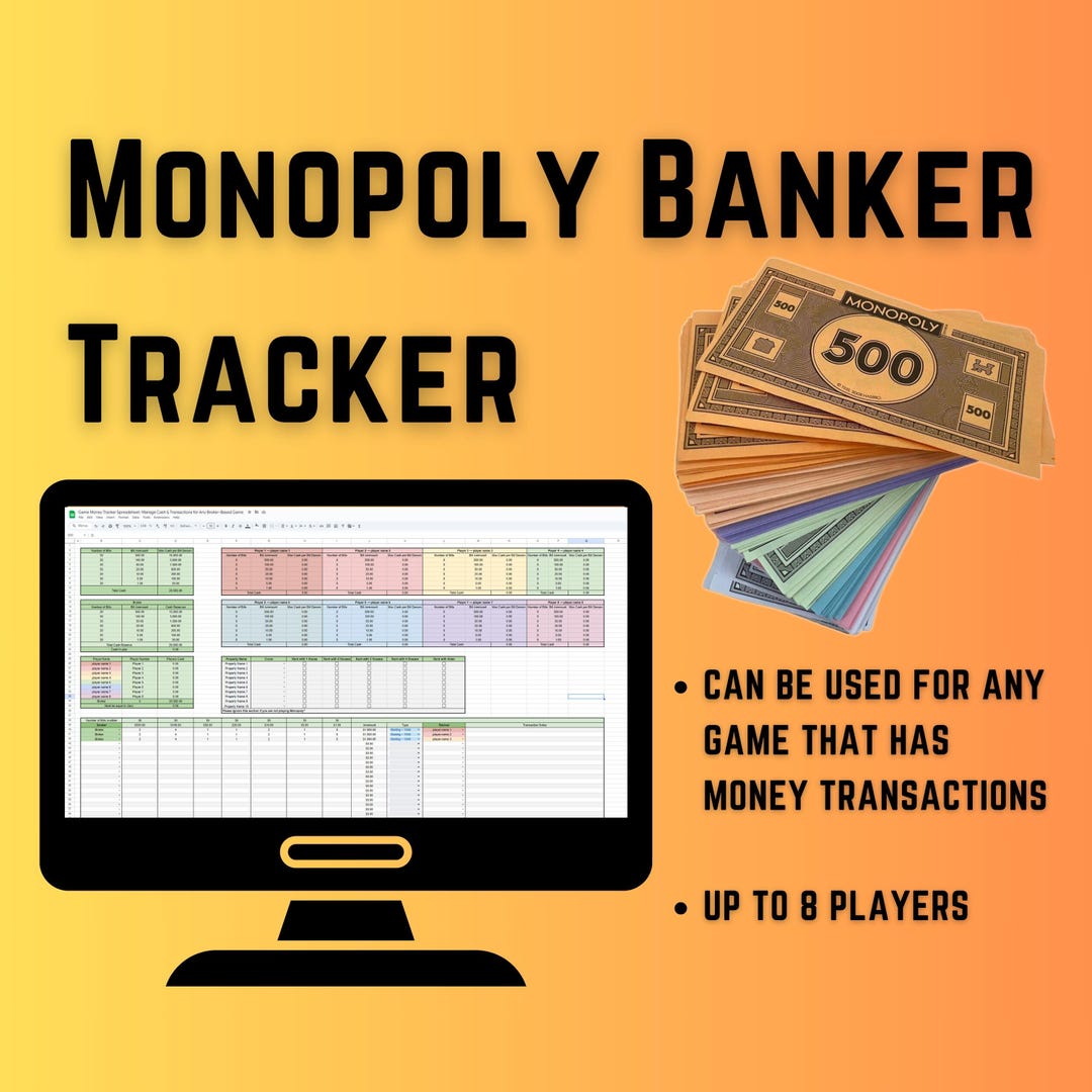 Monopoly Money Tracker Spreadsheet: Board Game Organizer (digital) - Etsy