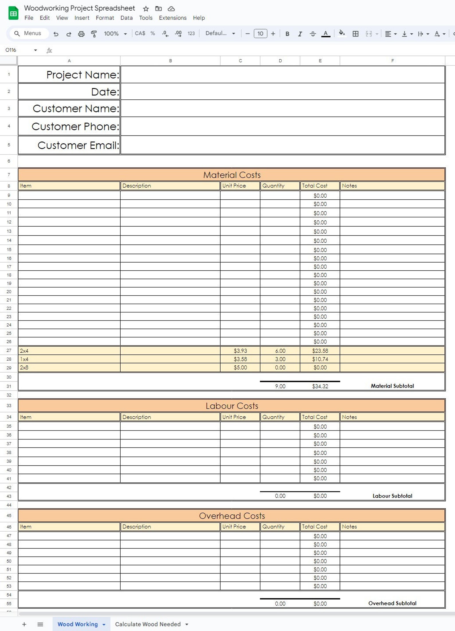 Woodworking Project Pricing Template: Material & Labor Tracker - Etsy