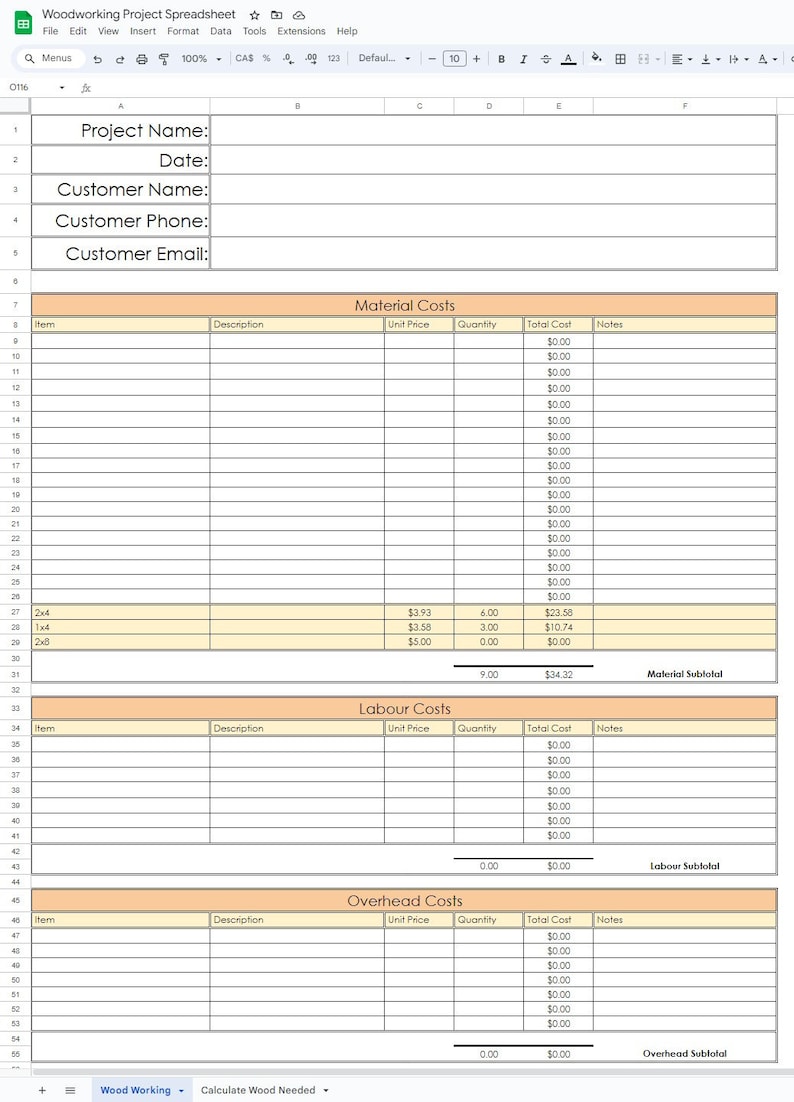Woodworking Project Pricing Template: Material & Labor Tracker - Etsy