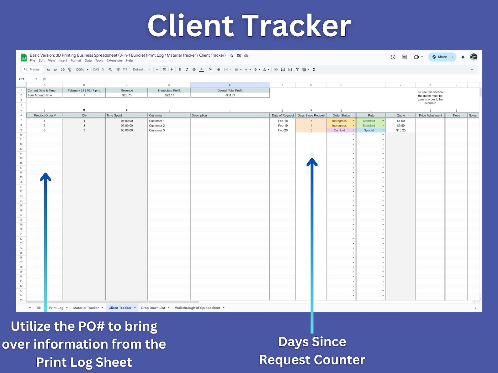 Basic Version: 3D Printing Business Spreadsheet (3-in-1 Bundle) (print Log / Material Tracker ...