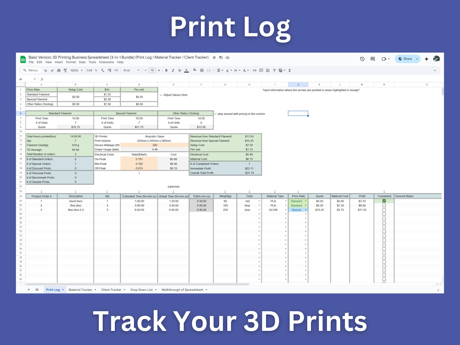 Basic Version: 3D Printing Business Spreadsheet (3-in-1 Bundle) (print ...