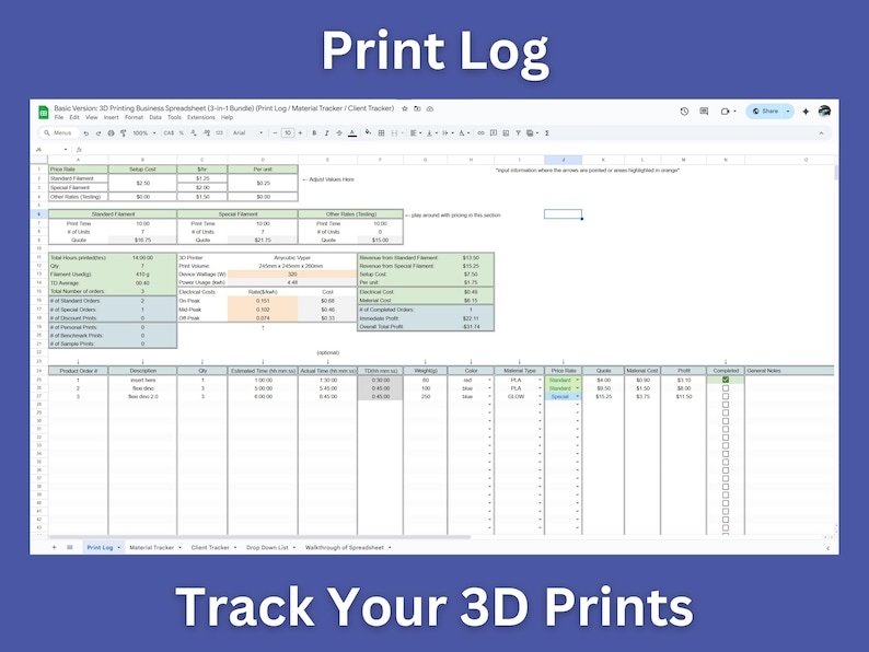 Basic Version: 3D Printing Business Spreadsheet (3-in-1 Bundle) (print ...