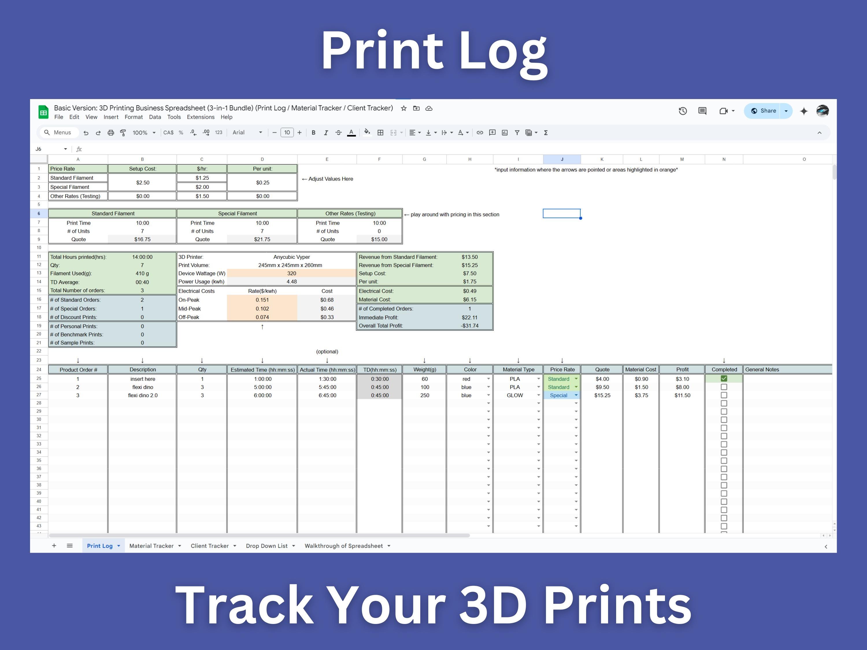 Basic Version: 3D Printing Business Spreadsheet (3-in-1 Bundle) (print ...