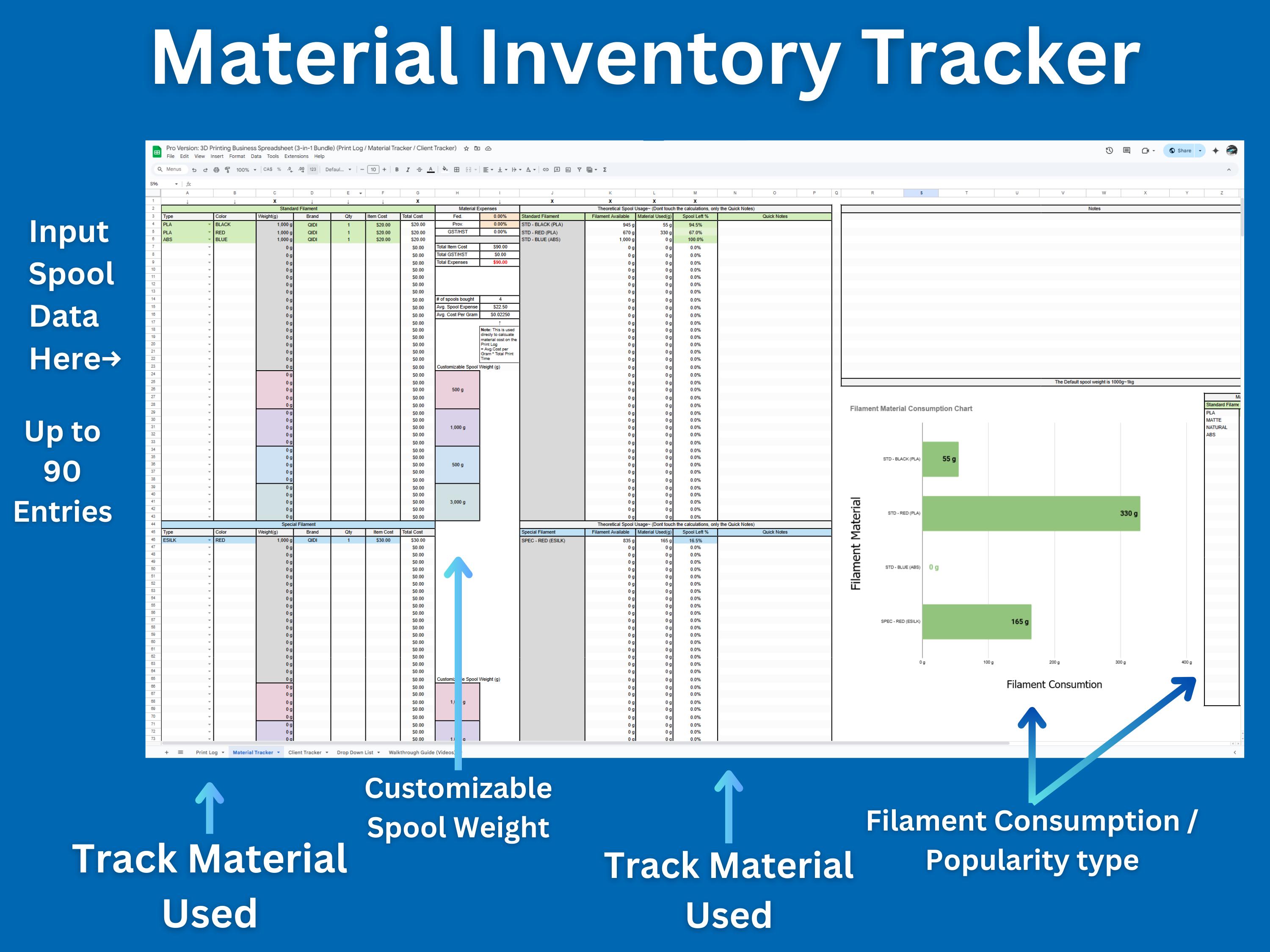 Pro Version: 3D Printing Business Spreadsheet (3-in-1 Bundle) (print Log / Material Tracker ...