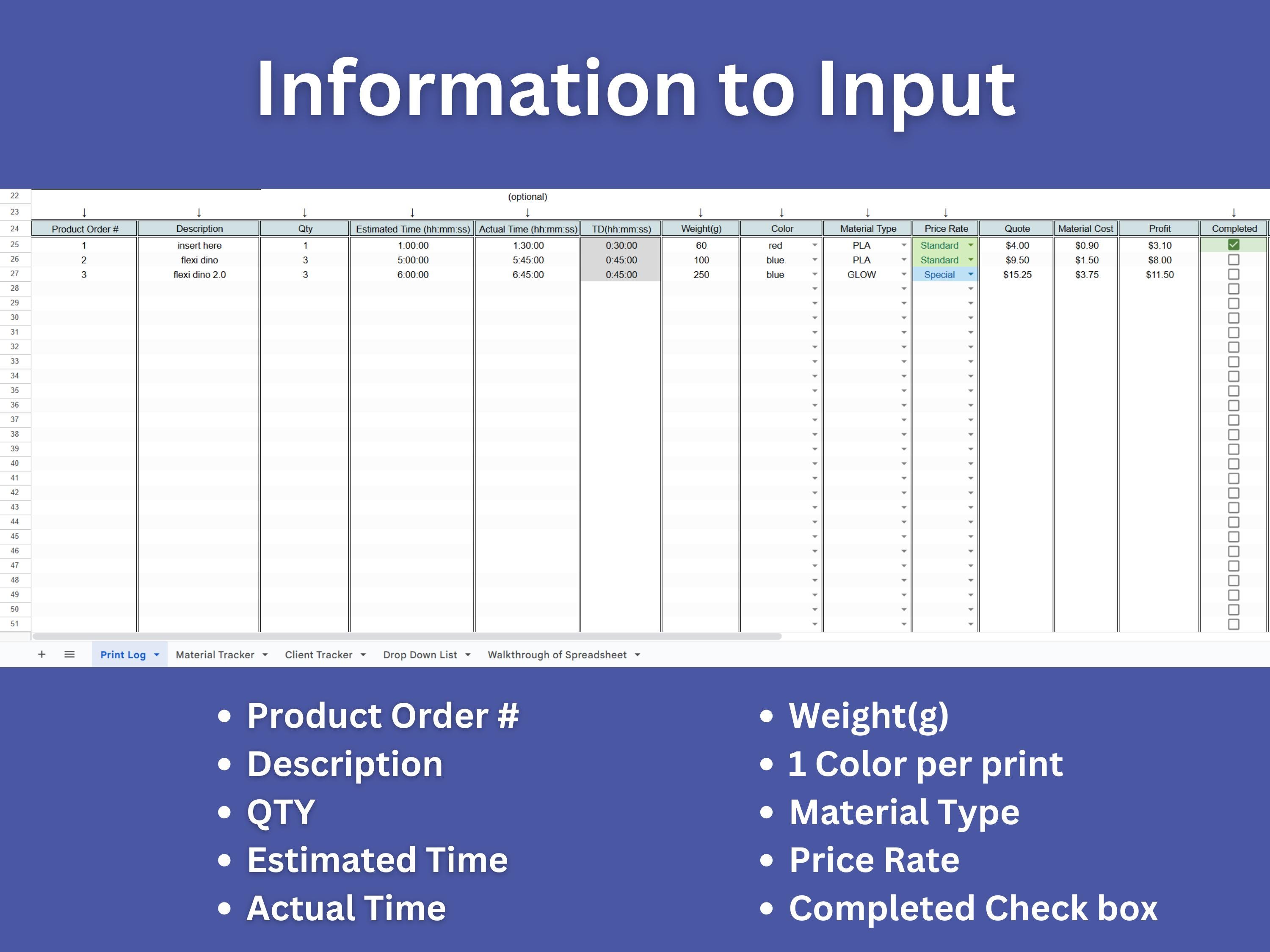 Basic Version: 3D Printing Business Spreadsheet (3-in-1 Bundle) (print Log / Material Tracker ...