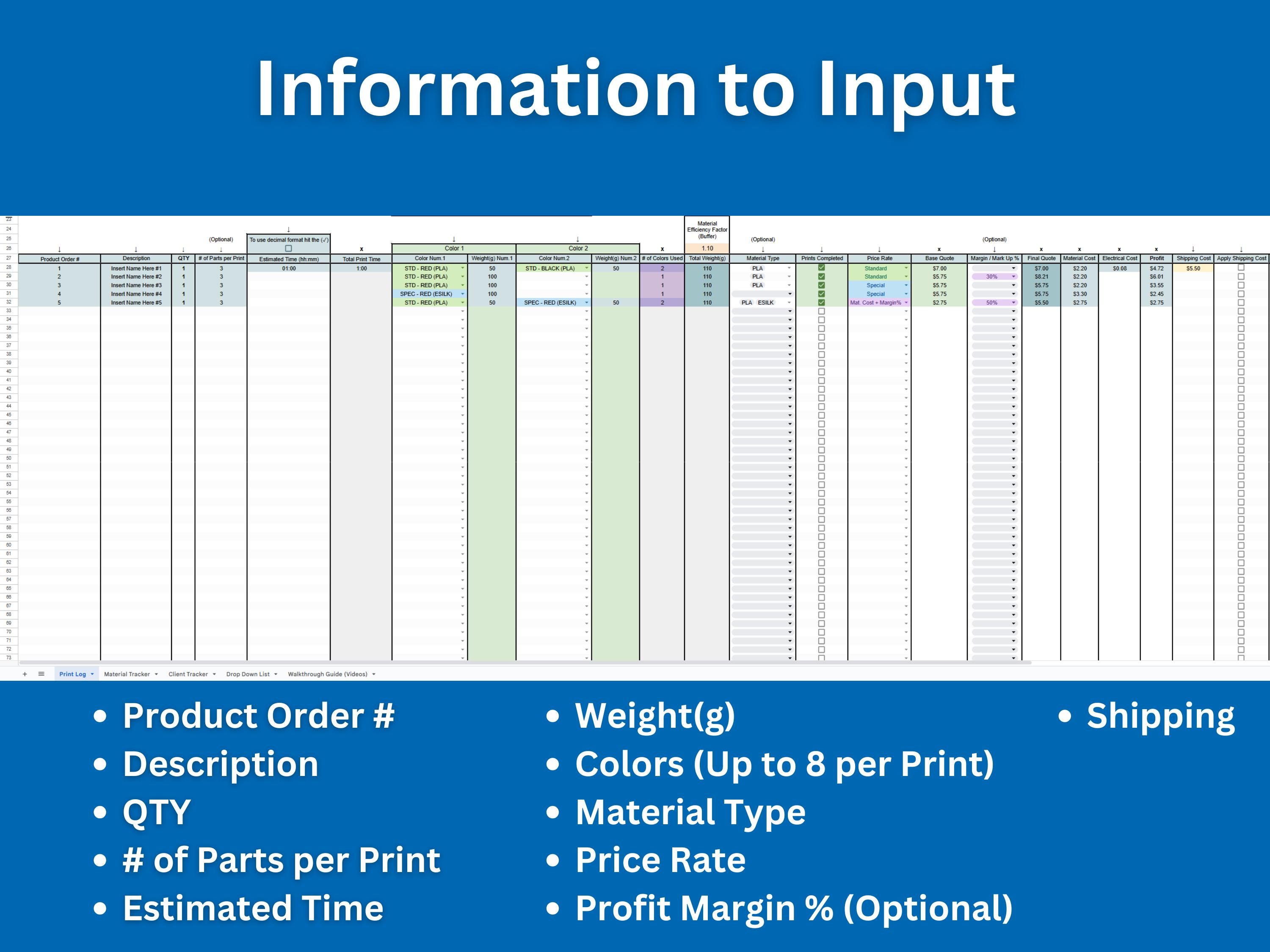 Pro Version: 3D Printing Business Spreadsheet (3-in-1 Bundle) (print Log / Material Tracker ...