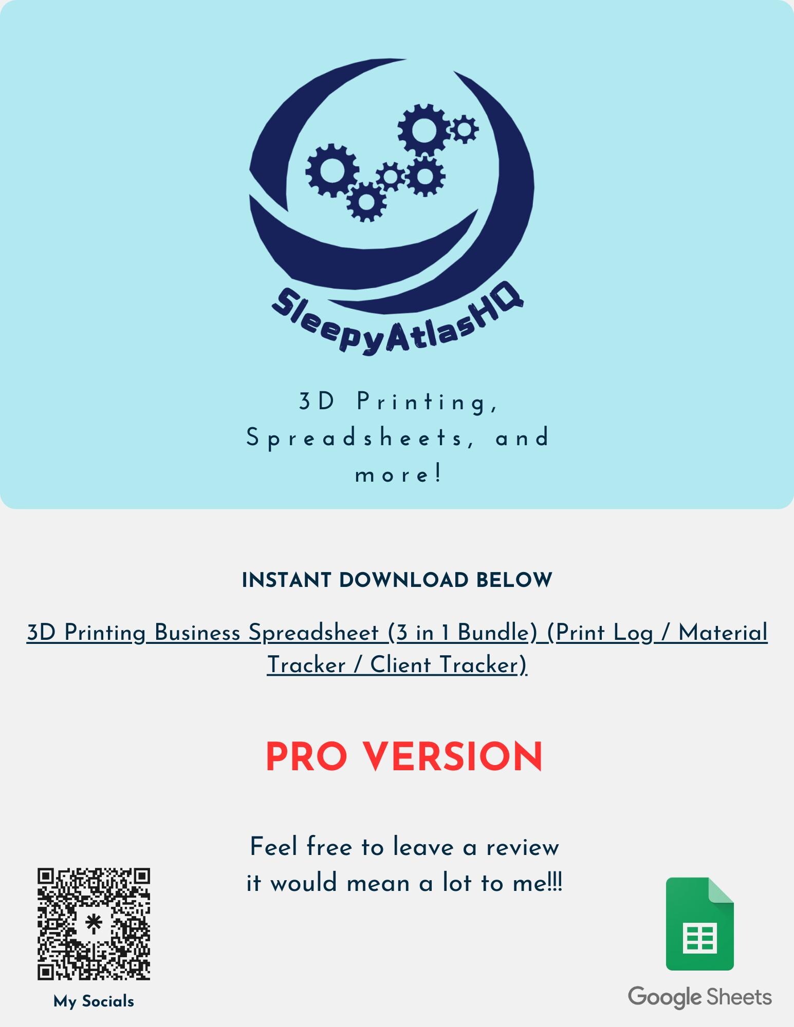 Pro Version: 3D Printing Business Spreadsheet (3-in-1 Bundle) (print Log / Material Tracker ...