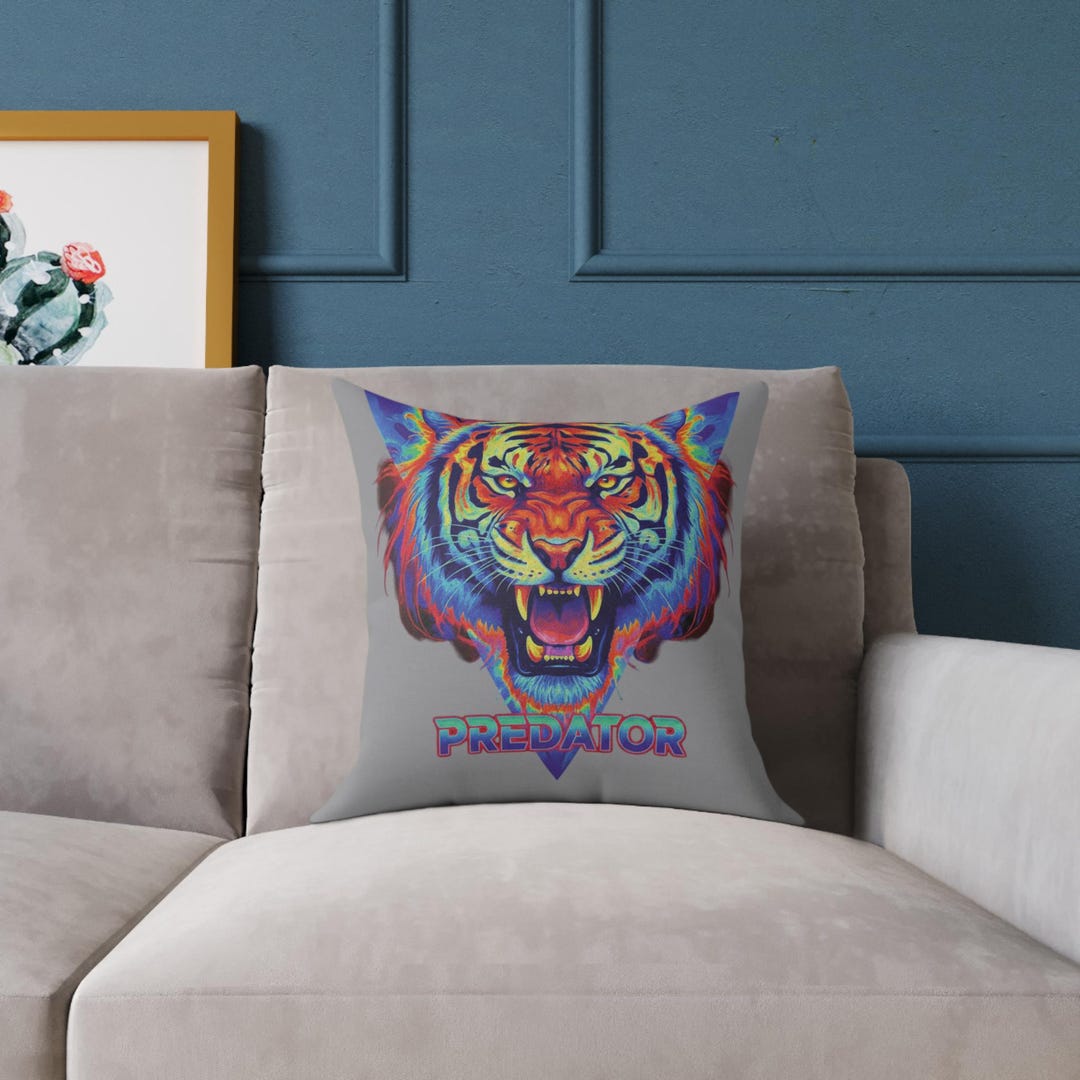 Neon Tiger Head Predator Square Poly Canvas Pillow | Vibrant Animal ...