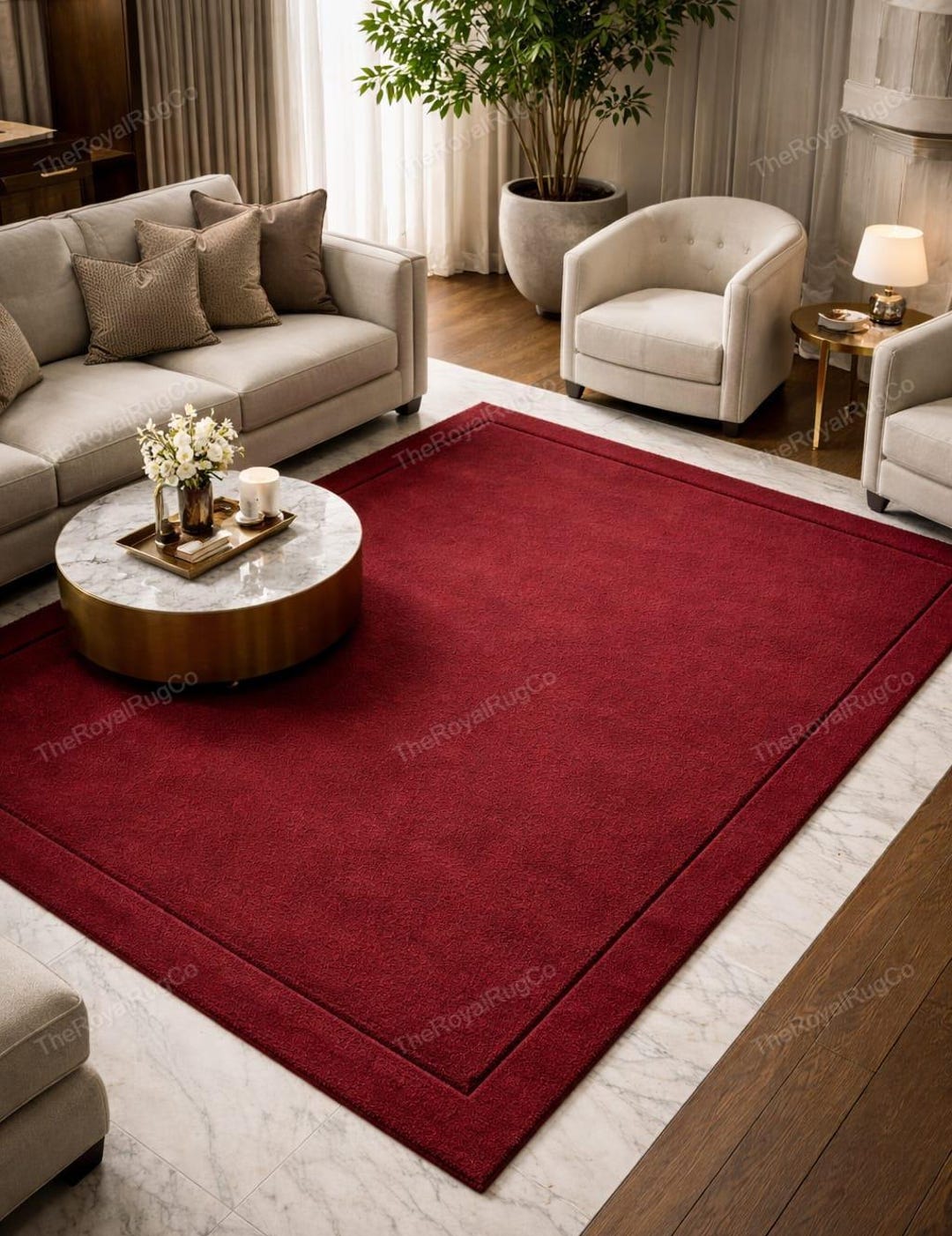Hand Tufted Wool Area Rug | Solid Burgundy Red, Minimal Border - Etsy