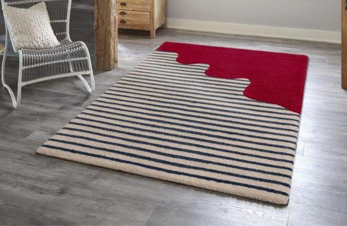 Hand-tufted Wool Area Rug | Red & Beige Abstract Stripes - Etsy