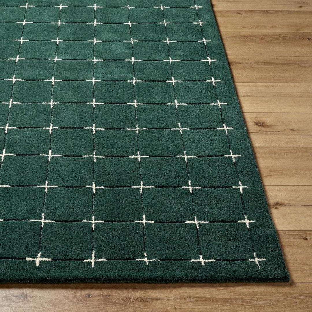 Green and Blue Grid Woolen Area Rugs & Handmade Tufted 100% Wool Carpet ...