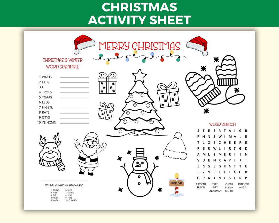 Christmas Activity Placemat for Kids, Activity Sheet, Printable ...