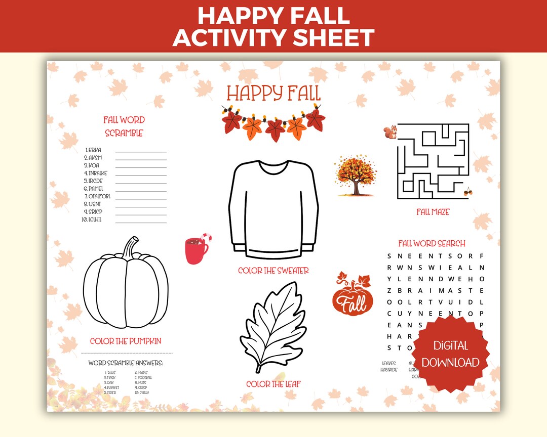 Happy Fall Activity Placemat Kids Printable, Autumn Entertainment, Fall ...
