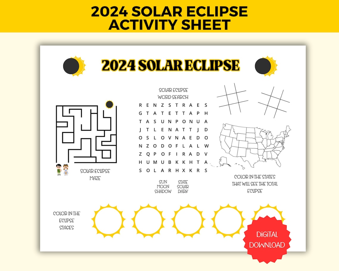Printable 2024 Solar Eclipse Activity Placemat, Great North America ...