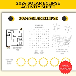 Printable 2024 Solar Eclipse Activity Placemat, Great North America ...