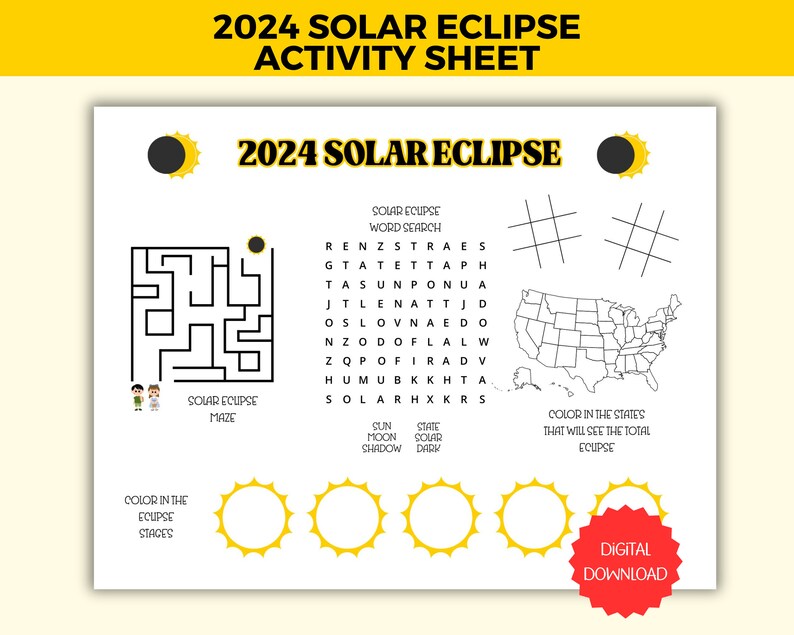 Printable 2024 Solar Eclipse Activity Placemat, Great North America ...