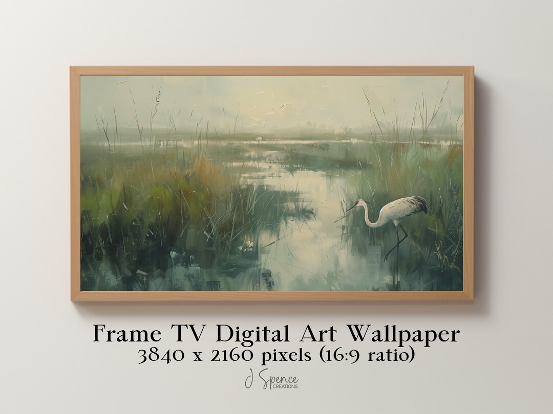 Frame TV Art, Crane Wading in Water in a Lush Marsh, Oil Painting Style ...