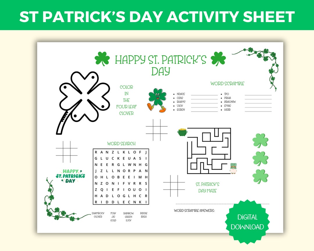 Printable St Patrick's Day Coloring Placemat, Kid's Activity Sheet, St ...