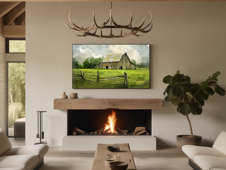 Samsung Frame TV Art, Old Barn in Green Grass in an Oil Painting Style ...