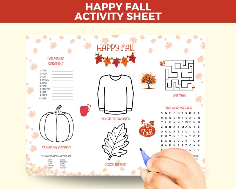Happy Fall Activity Placemat Kids Printable, Autumn Entertainment, Fall ...