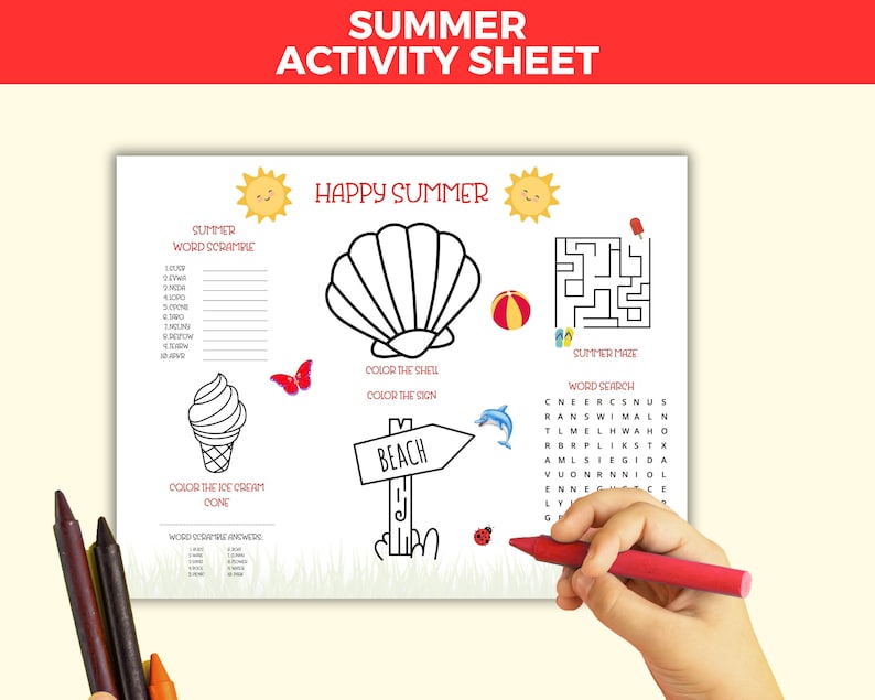 Kids Printable Happy Summer Activity Placemat, Summer Activity Sheet ...