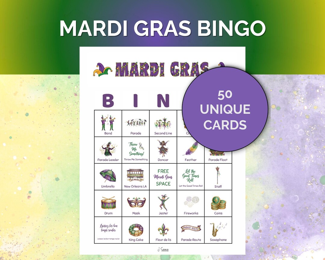 Mardi Gras Bingo Game Printable, 50 Unique Cards, Party, Classroom ...