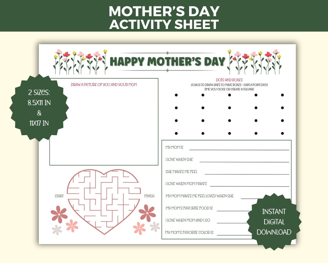Printable Mother's Day Activity Placemat, Mom & Me Questions and ...