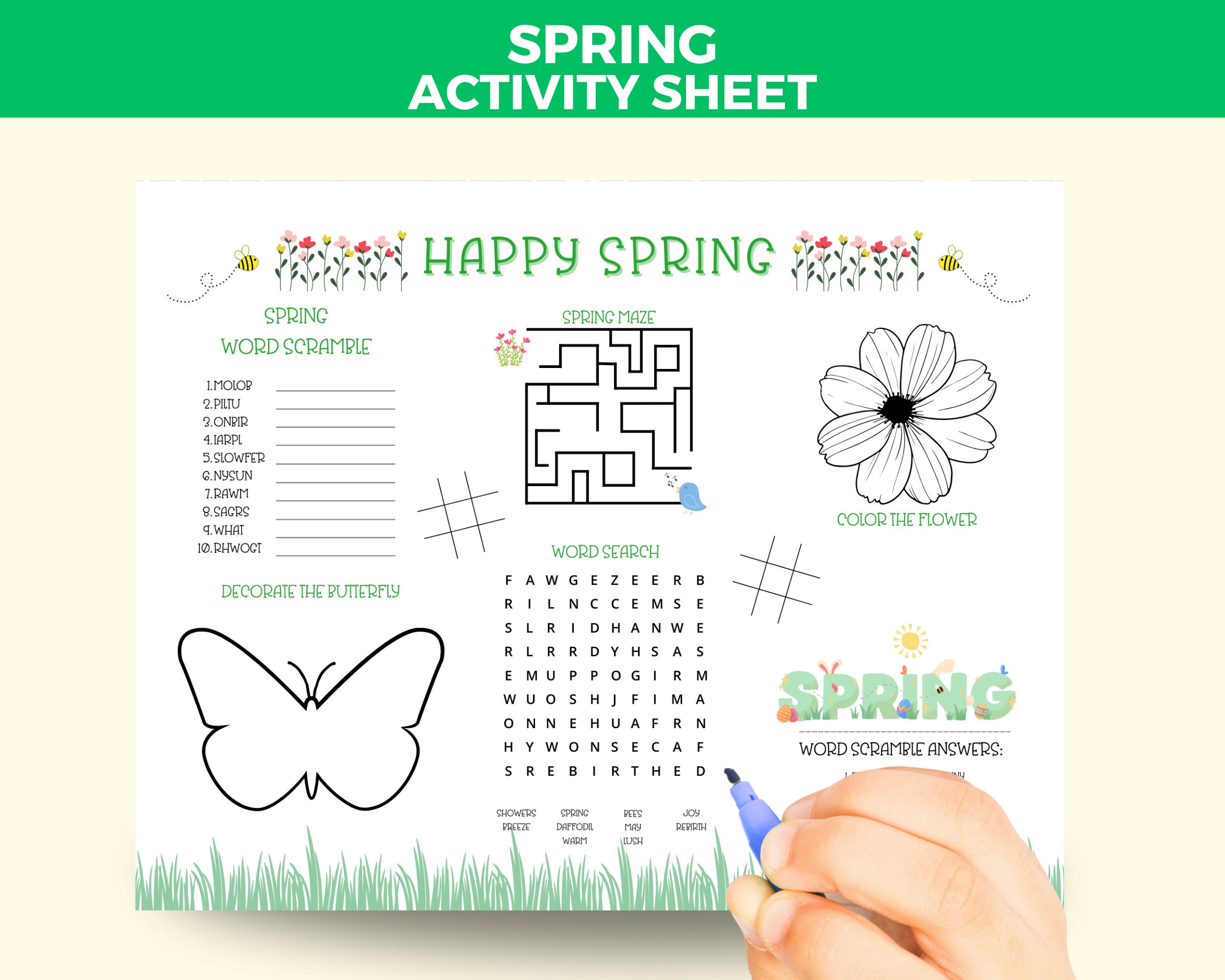 Printable Happy Spring Coloring Placemat, Spring Kid's Activity Sheet ...