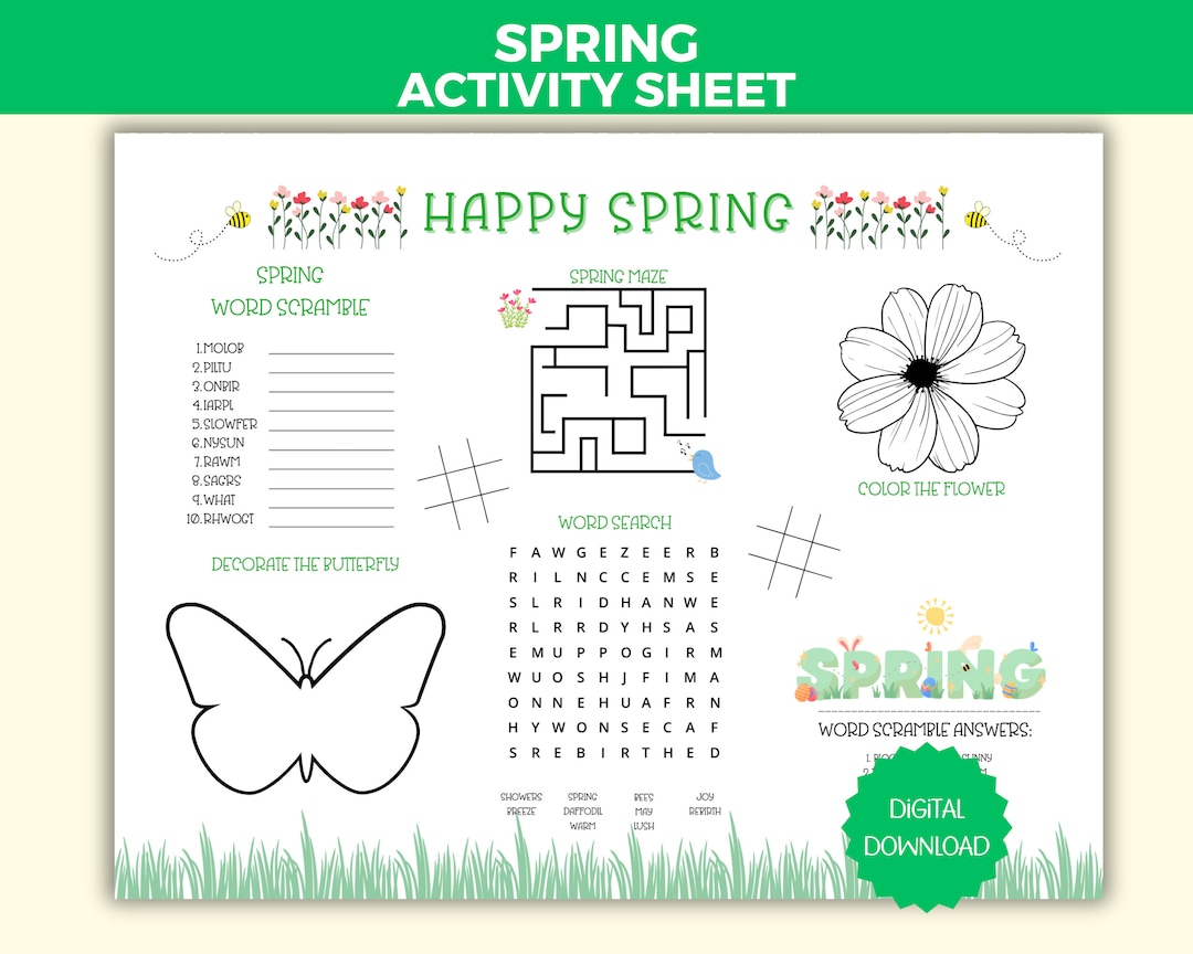 Printable Happy Spring Coloring Placemat, Spring Kid's Activity Sheet ...