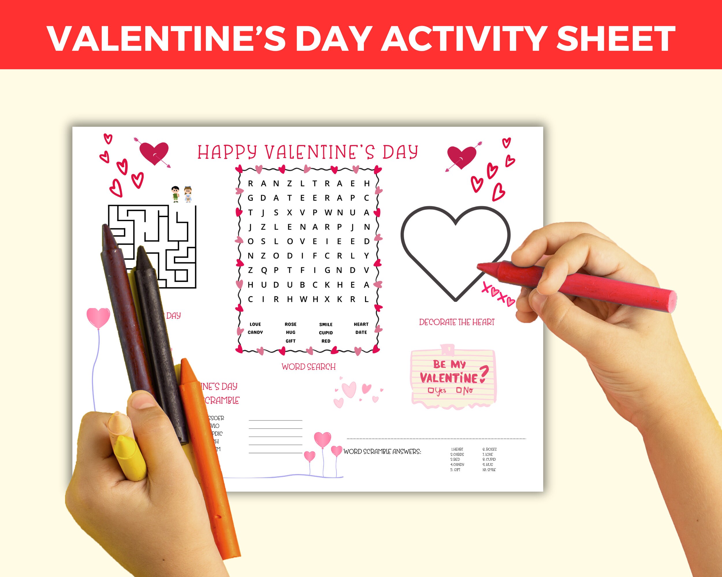 Printable Valentine's Day Coloring Placemat, Kid's Valentine Activity ...